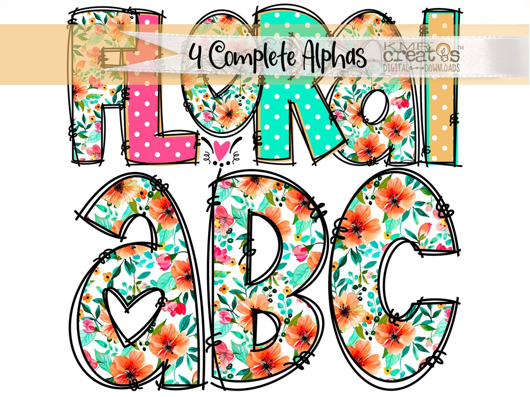 Orange Pink Floral Watercolor Letters, Doodle Letters Png, Floral ...