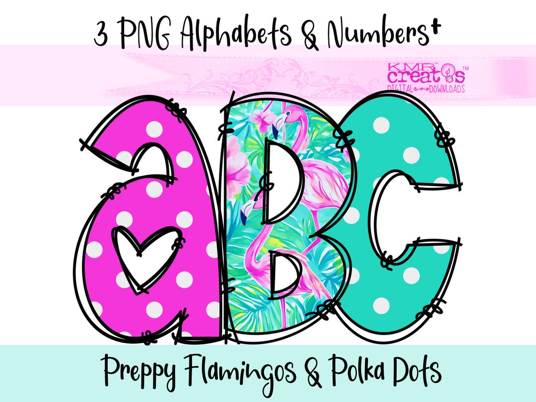Flamingo Alphabet PNG: Pink & Teal Polka Dot Doodle Letters, Tropical ...
