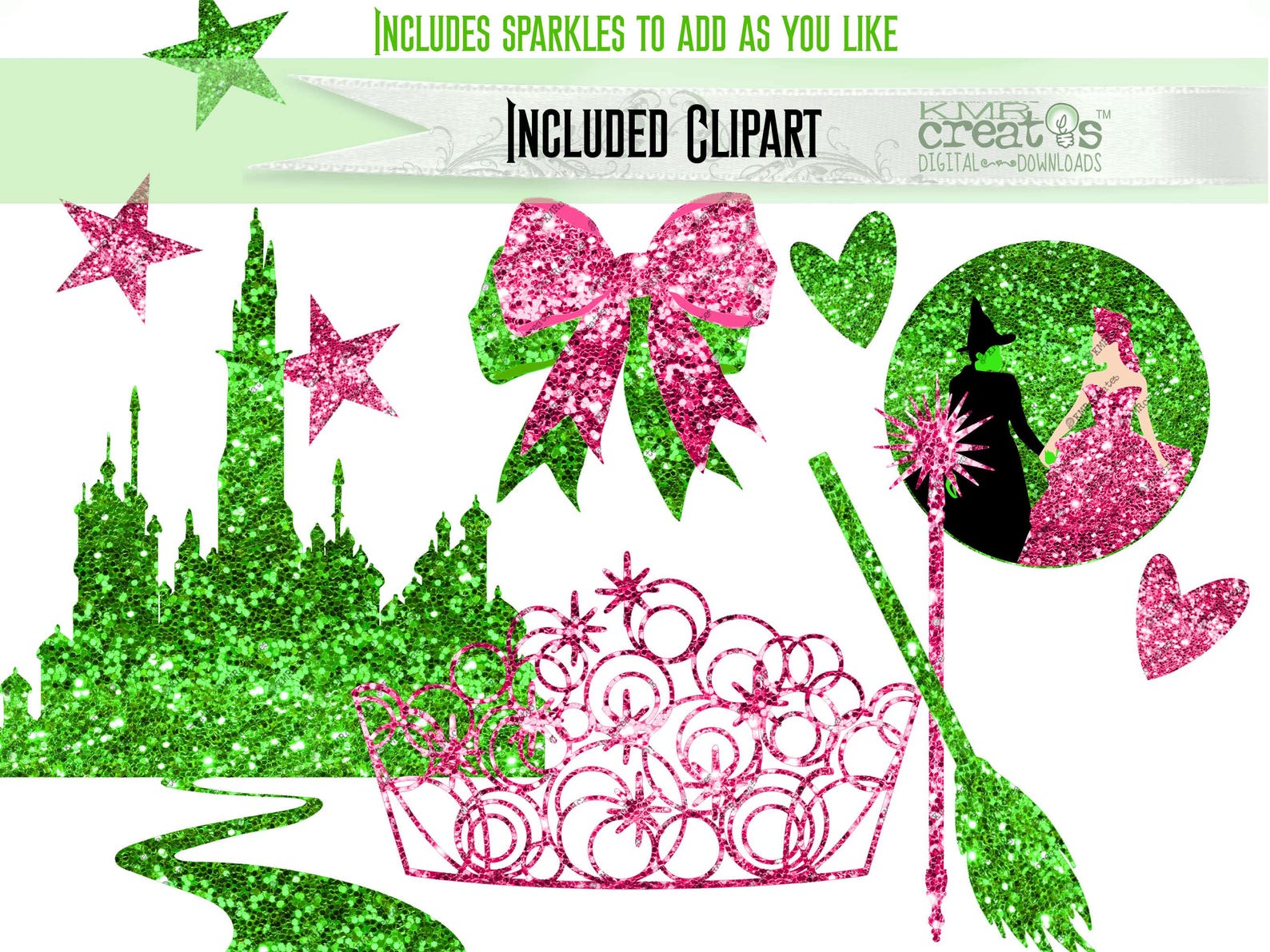 Pink & Green Glitter Alphabet PNG: Wicked Witch Letters (digital ...