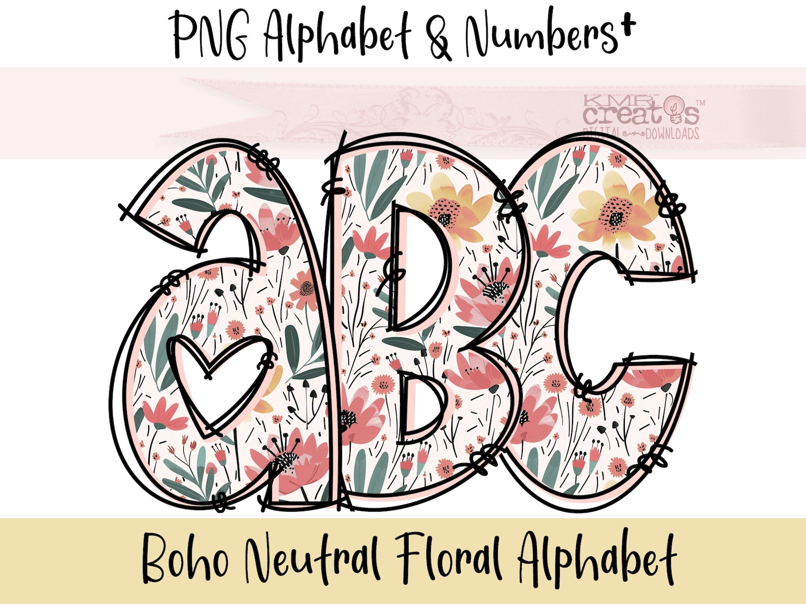 Boho Neutral Floral Alphabet PNG Letters, Doodle Flowers Spring Floral ...