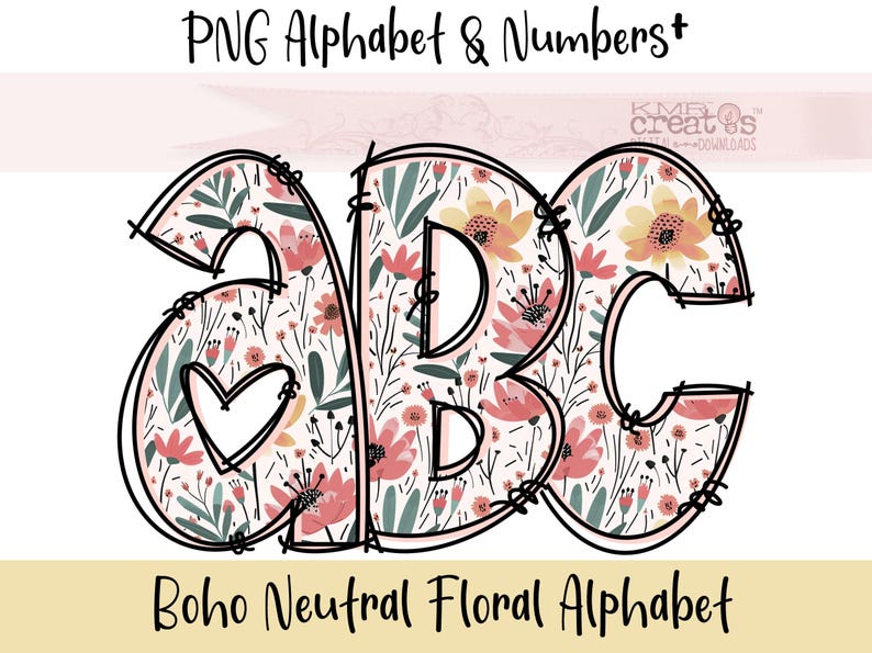 Boho Neutral Floral Alphabet PNG Letters, Doodle Flowers Spring Floral ...