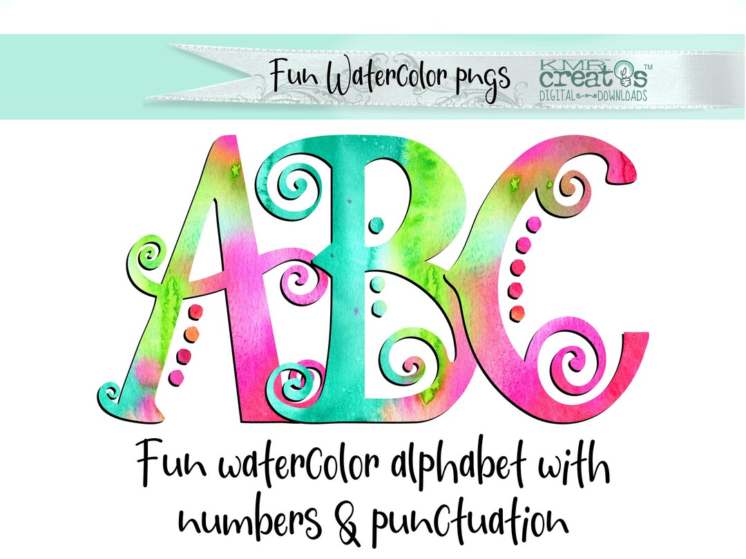 Watercolor Doodle Alphabet PNG: Rainbow Curls and Dots (digital ...