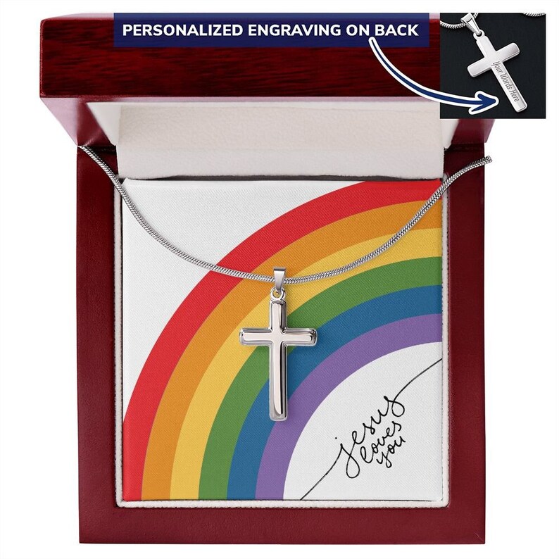 Rainbow Pride Cross Necklace, Engraved Necklace, Gay Christian Pride ...