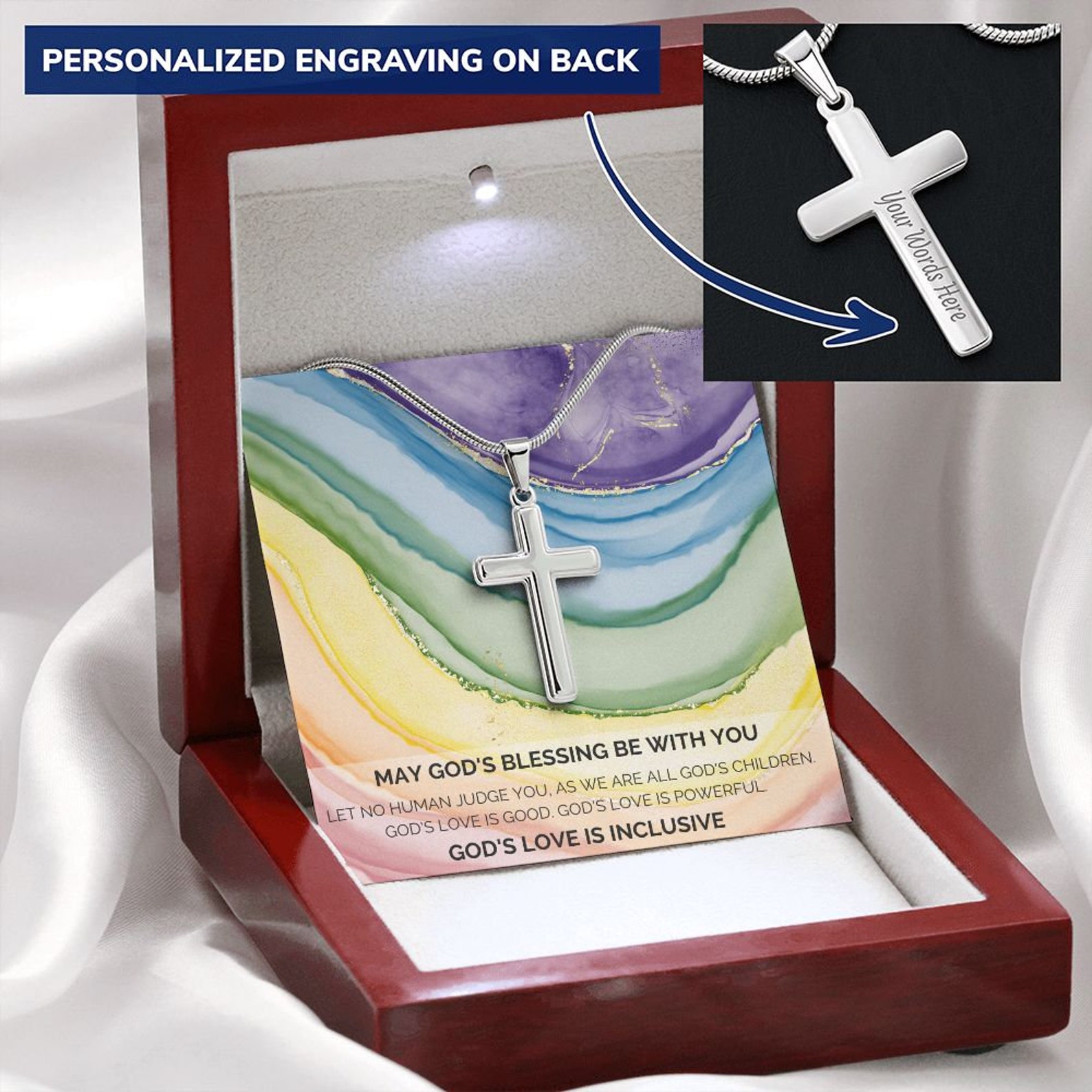 Rainbow Pride Cross Necklace Engraved Necklace Gay Christian - Etsy