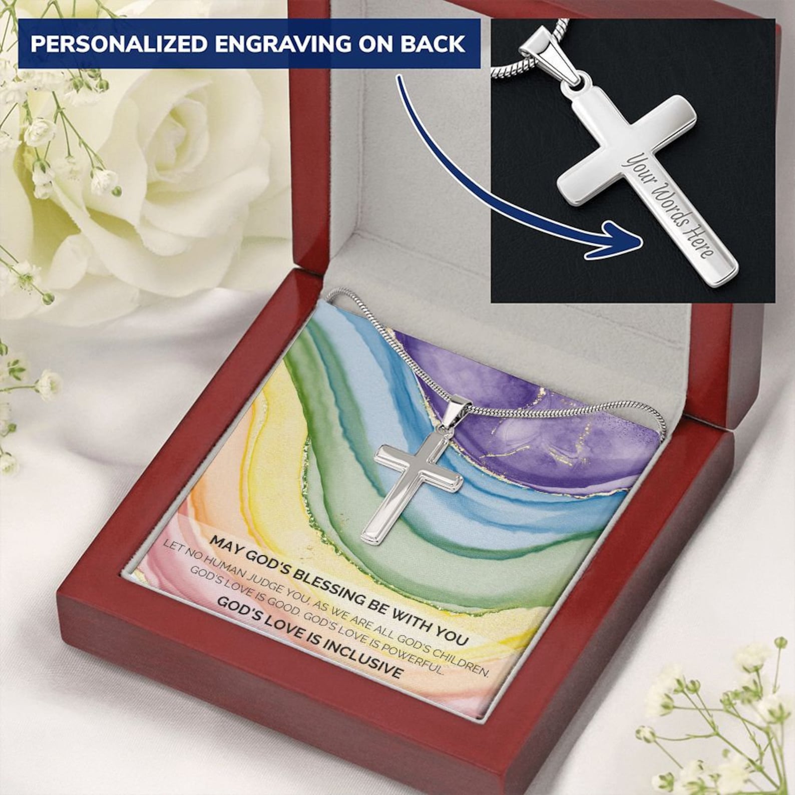 Rainbow Pride Cross Necklace Engraved Necklace Gay Christian - Etsy