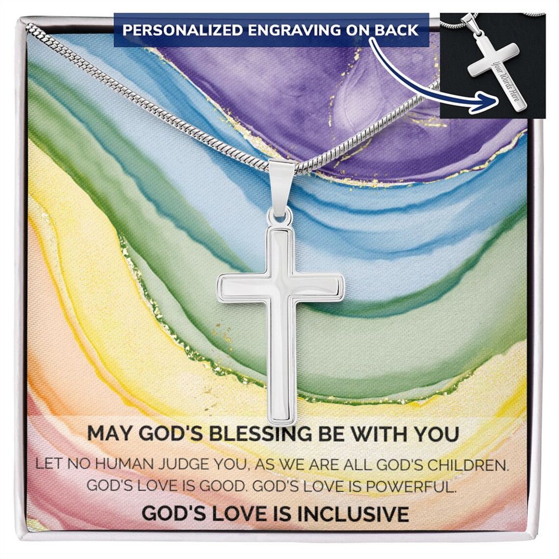 Rainbow Pride Cross Necklace Engraved Necklace Gay Christian - Etsy