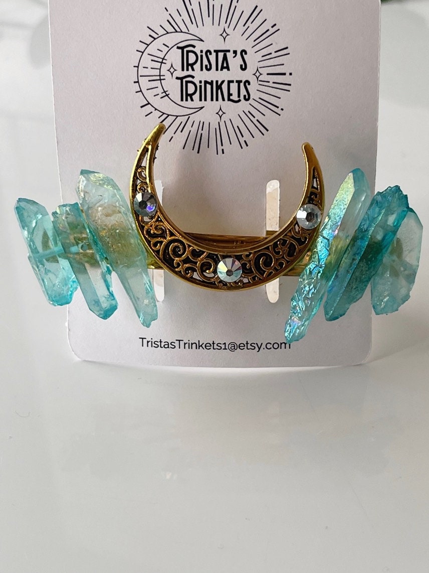 Gold Moon With Turquoise Quartz Point Barrette With Swarovski Crystals ...