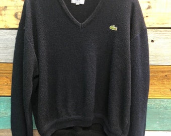 Vintage 1970's 80's Izod Lacoste Beige 100% Orlon Acrylic V-neck Sweater Green Croc Alligator ...