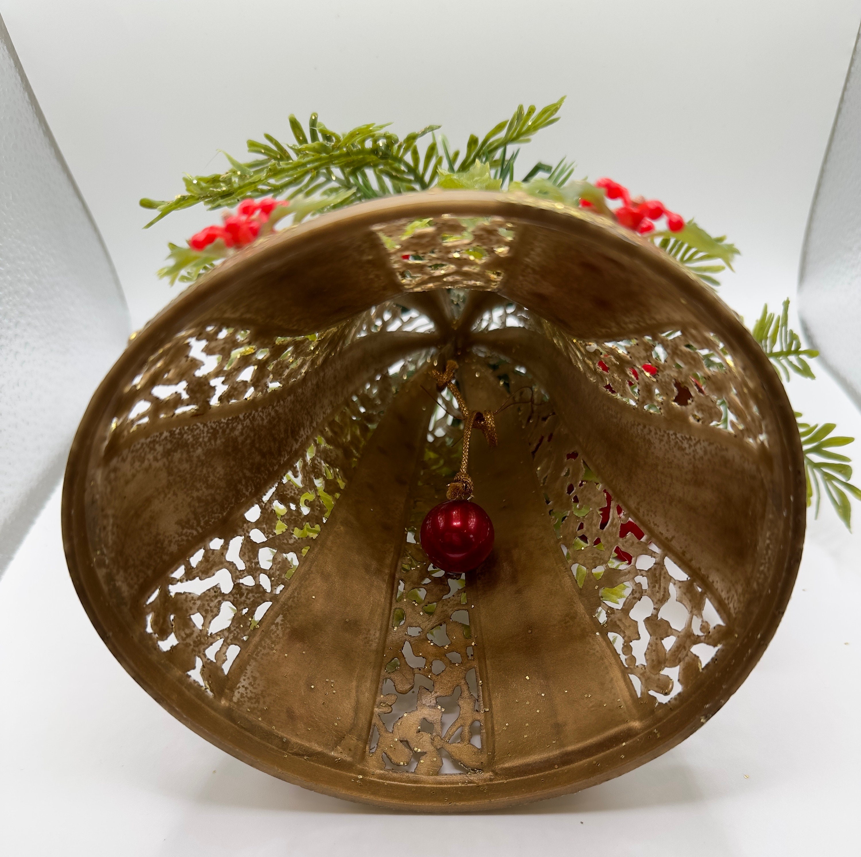 Vintage 60s Gold Glitter Plastic Bell Decoration, Holly Berries Leaves ...