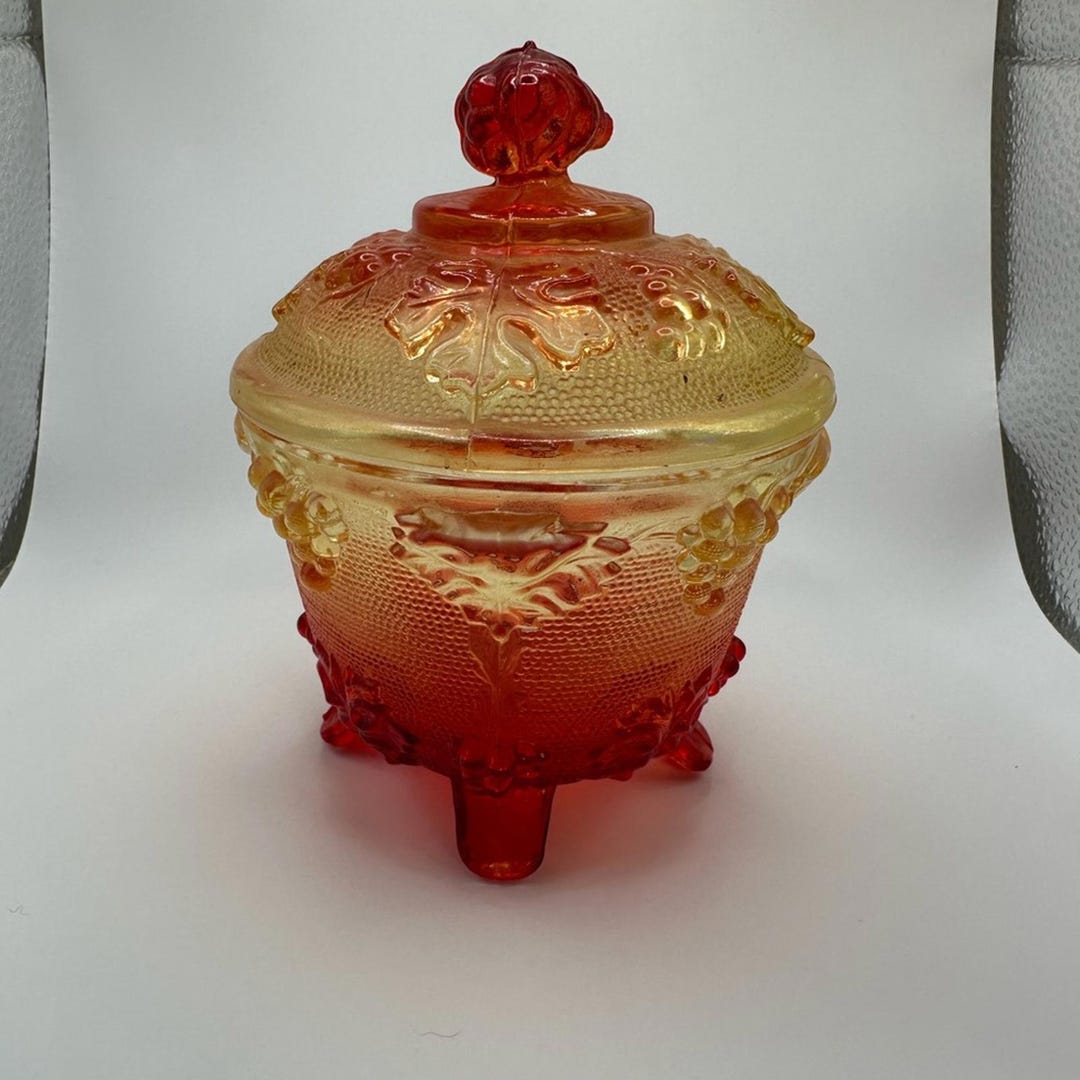 Jeannette Harvest Grapes Amberina Carnival Glass Footer Candy Dish With ...