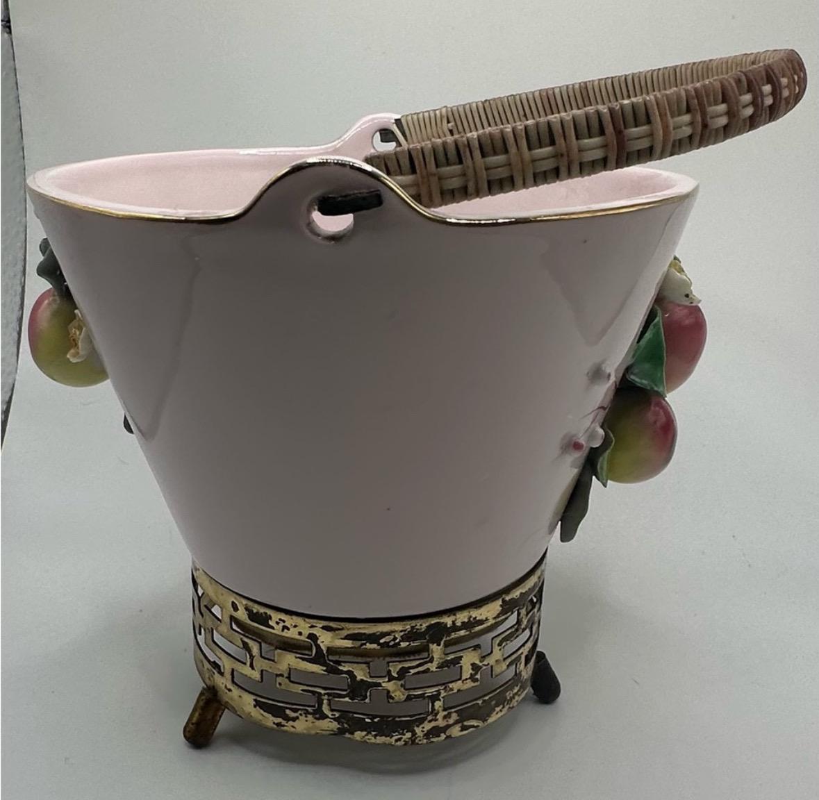 1956 Lefton China Hand Painted Fruit Basket W/ Gold Base Apples Flowers ...