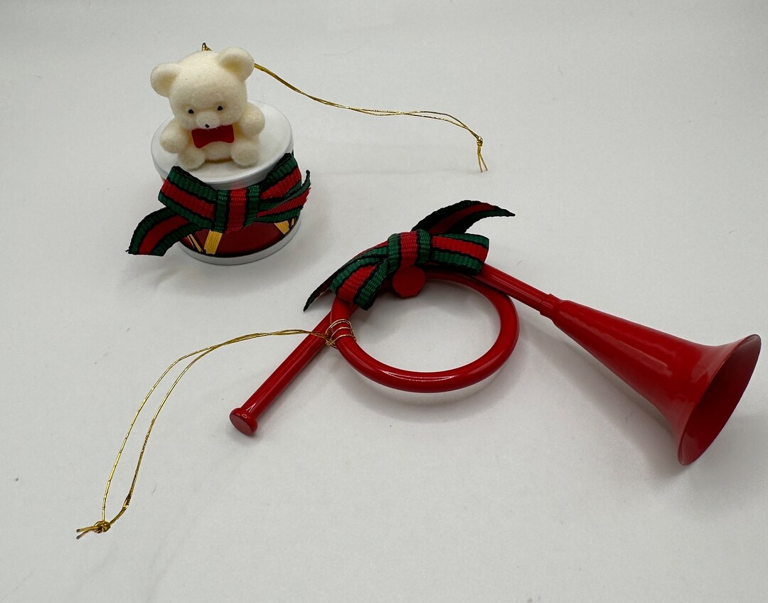 Vintage Flocked Teddy Bear Christmas Ornaments, Drum & Horn, Enesco ...