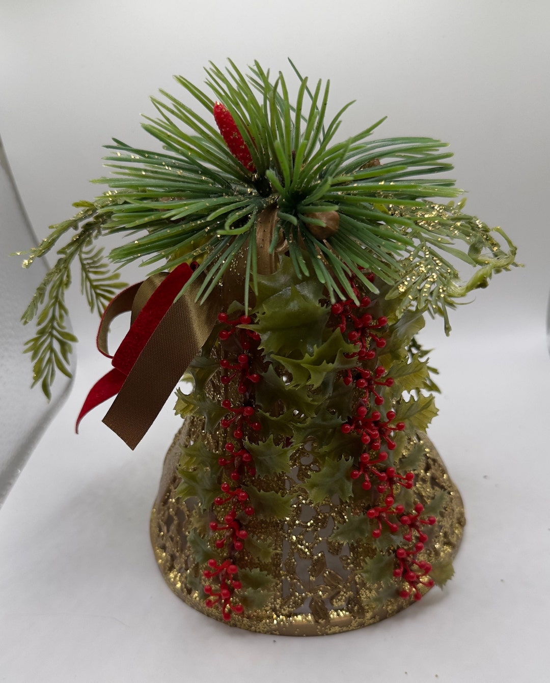 Vintage 60’s Gold Glitter Plastic Bell Decoration, Holly Berries Leaves ...
