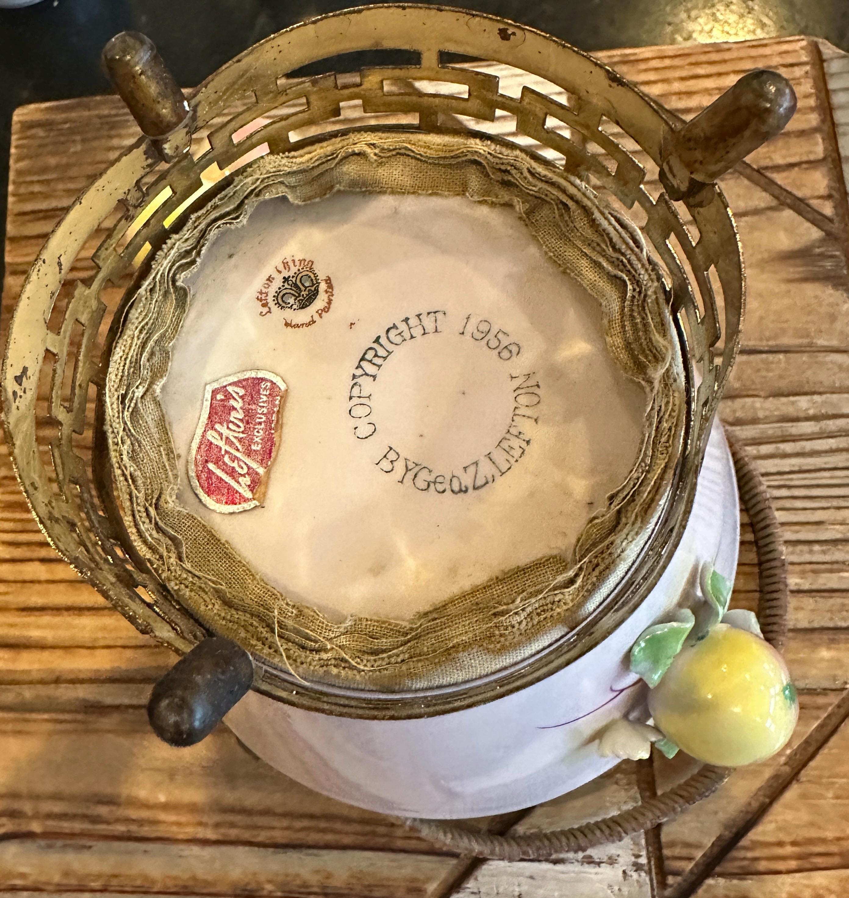 1956 Lefton China Hand Painted Fruit Basket W/ Gold Base Apples Flowers ...