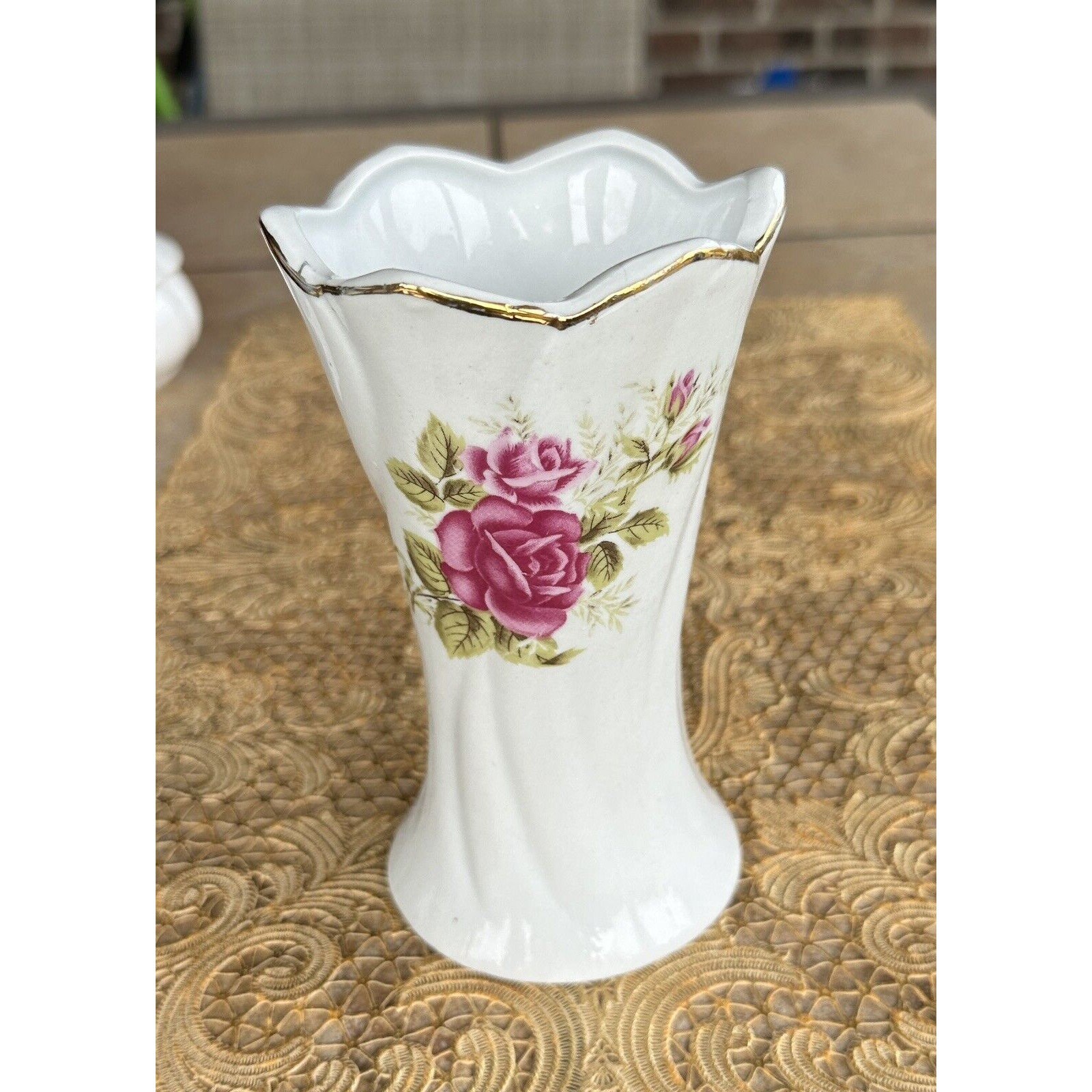 Vintage Gold Trimmed Rose Flower Transfer Vase, Porcelain Decor - Etsy