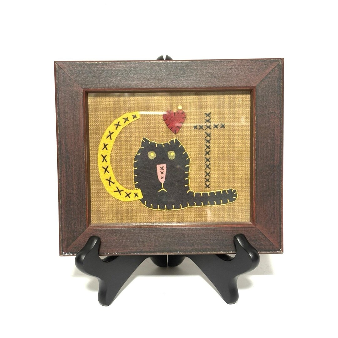 Embroidered Tabby Cat Wall Art Appliqué Whimsical Framed 7.5 X 6.5 In ...