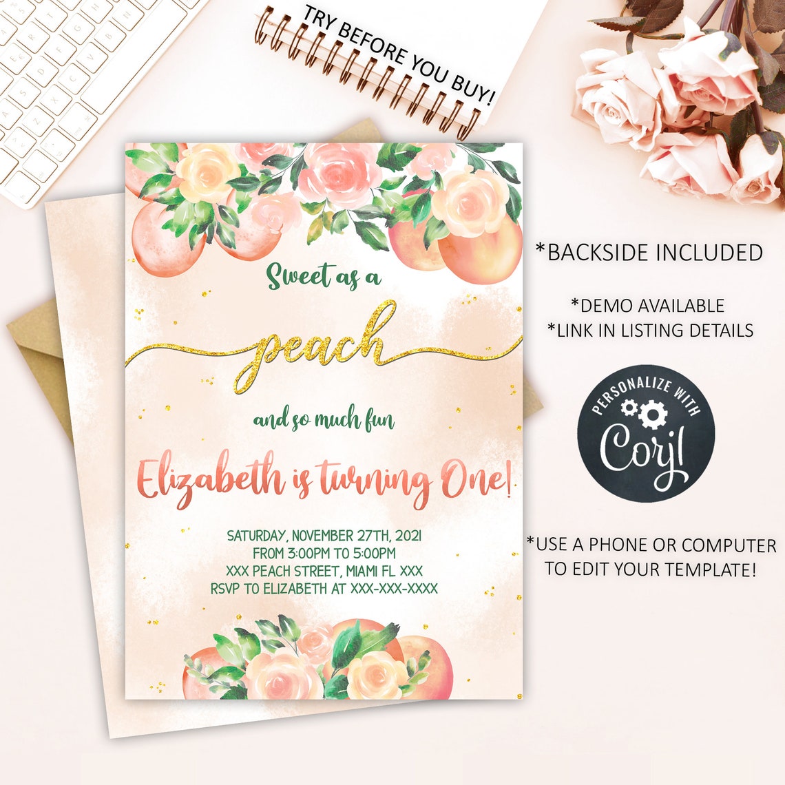 Editable Peach Invitation Peach Birthday Invitation Peach - Etsy