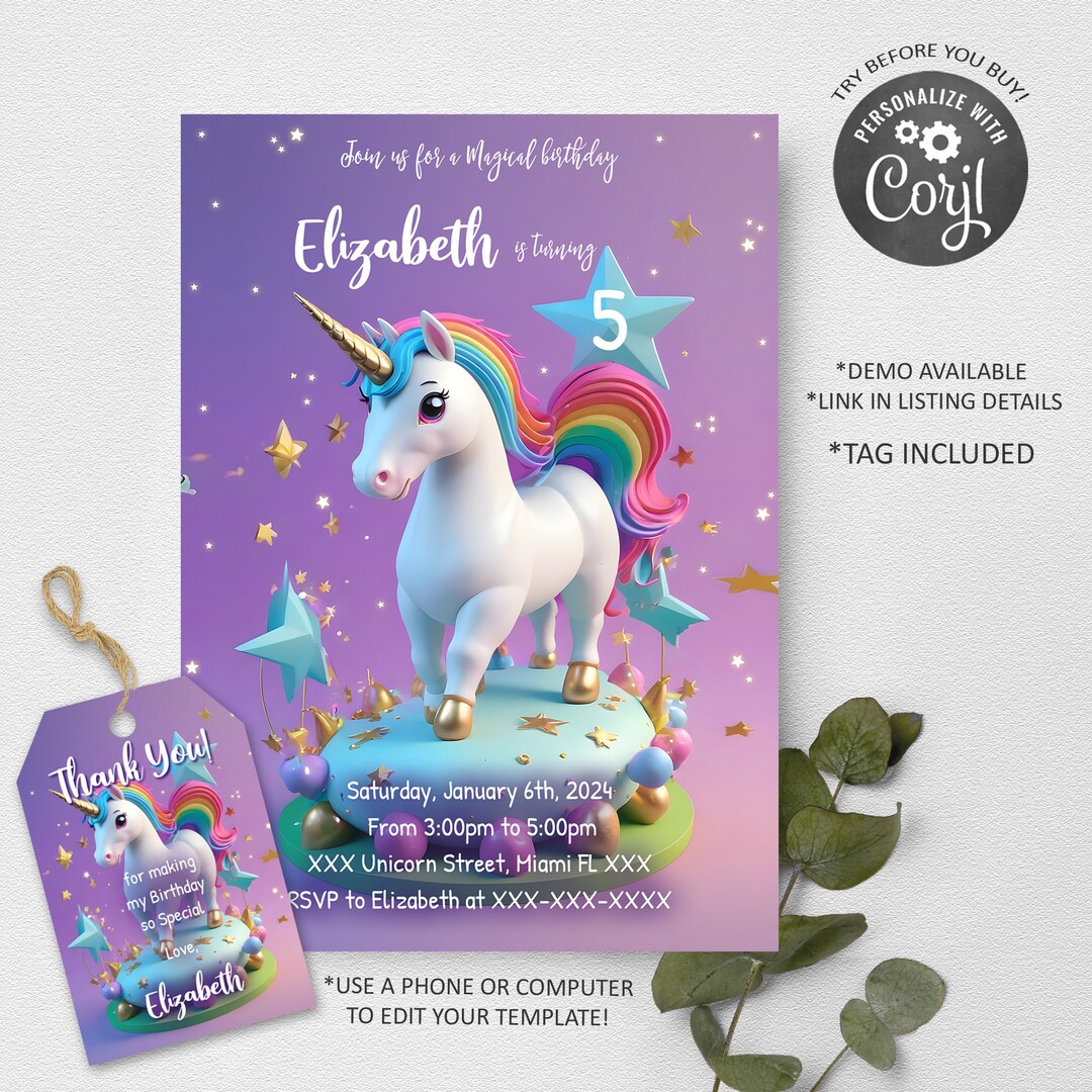 Editable Cute Unicorn Invitation, Unicorn Birthday Invitation, Unicorn ...