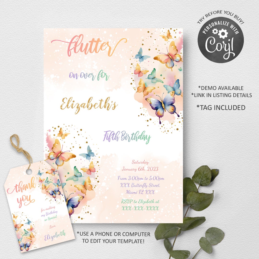 Editable Butterfly Invitation, Butterfly Birthday Invitation, Butterfly ...