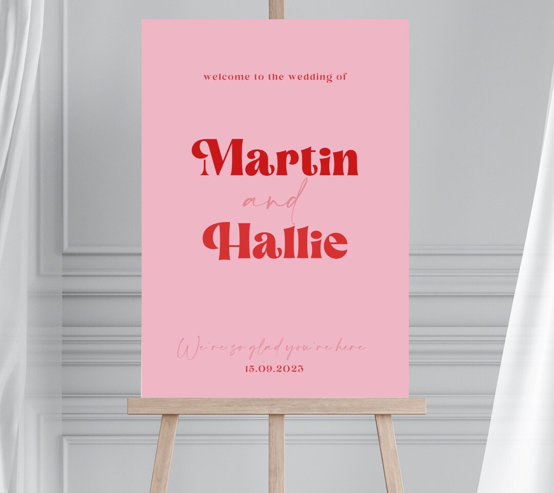 Retro Style Red and Pink Wedding Welcome Sign, Groovy 70s Wedding Sign ...
