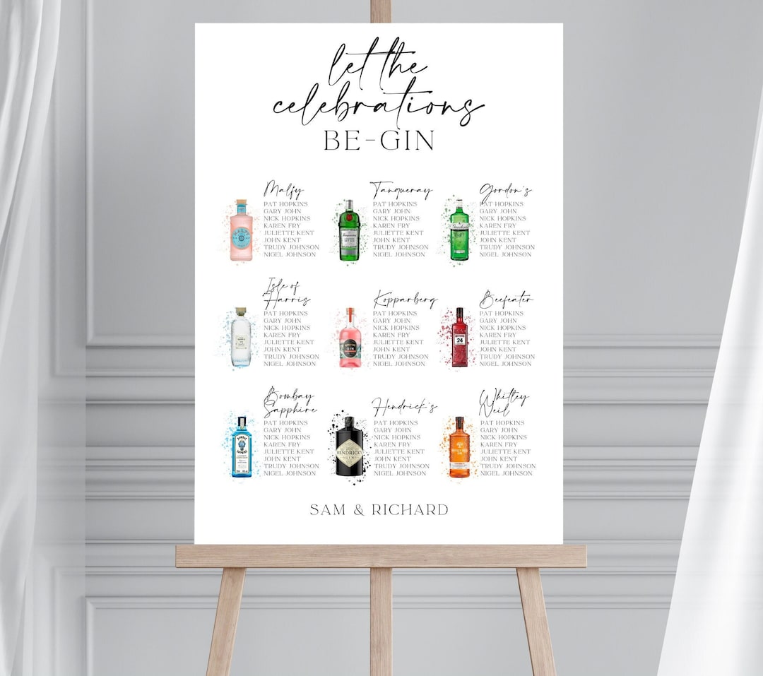 Gin Bottle Wedding Table Plan, Gin Themed Seating Chart, Favourite ...