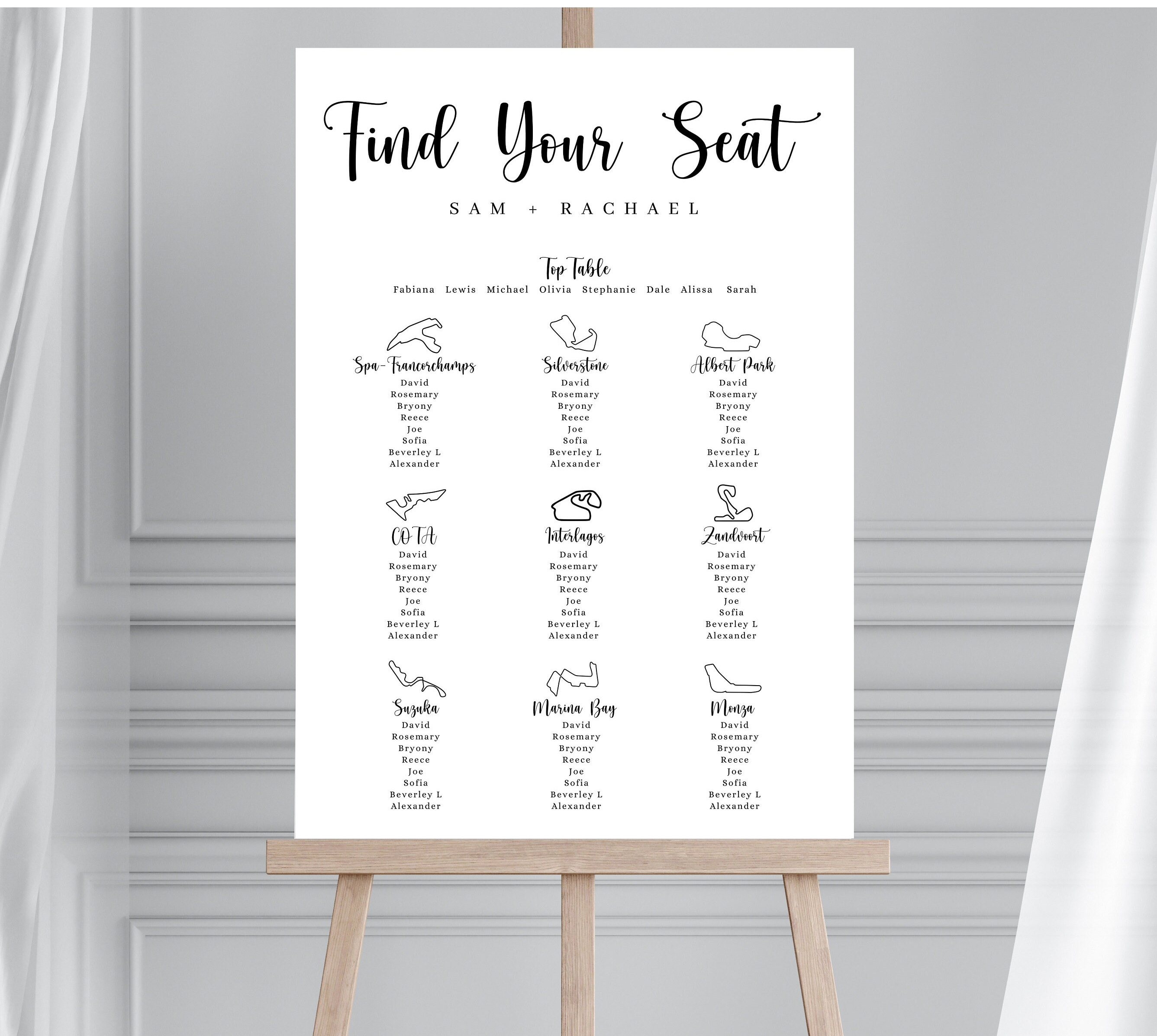 F1 RACETRACK THEMED Wedding Table Plan, Grand Prix Seating Chart ...