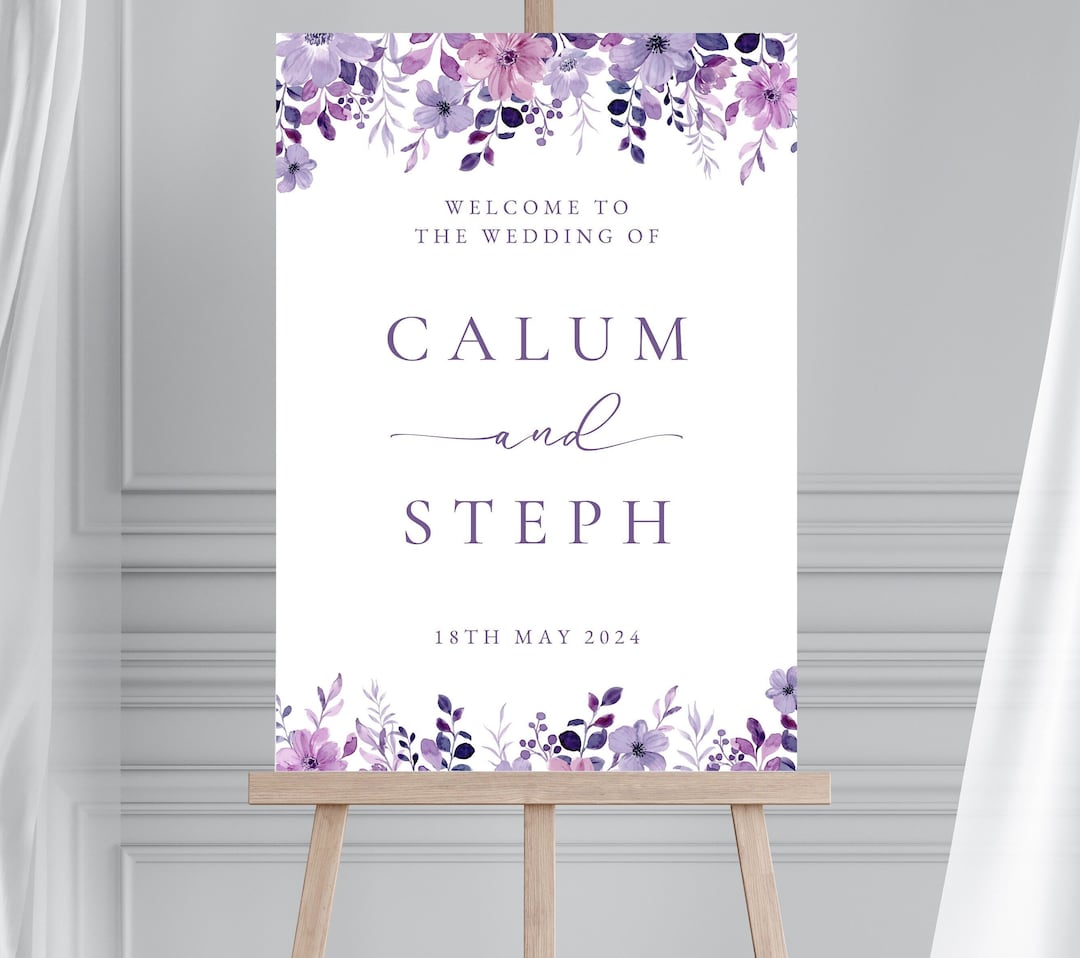 Lilac Floral Rose Wedding Welcome Sign, Purple Flower Wedding Welcome ...