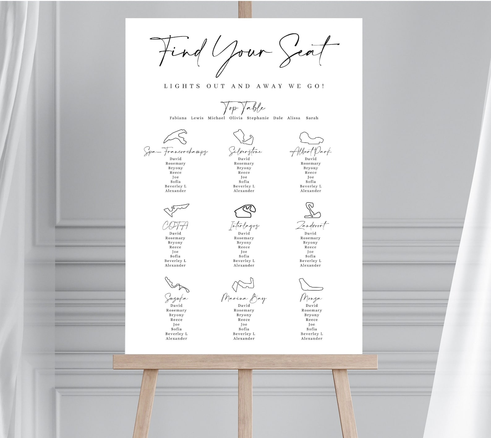 F1 RACETRACK THEMED Wedding Table Plan, Grand Prix Seating Chart ...