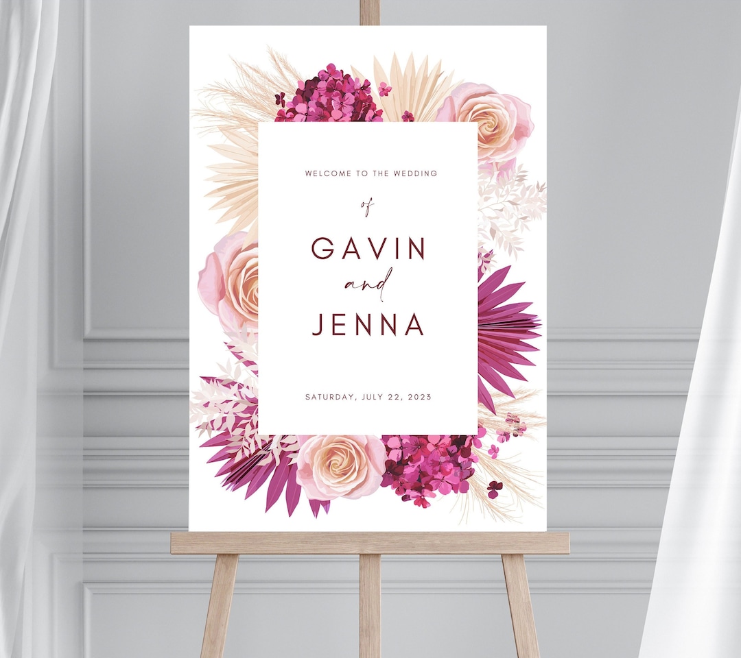 Pink Floral Wedding Welcome Sign, Pink Pampas Welcome Sign, Dusky Pink ...