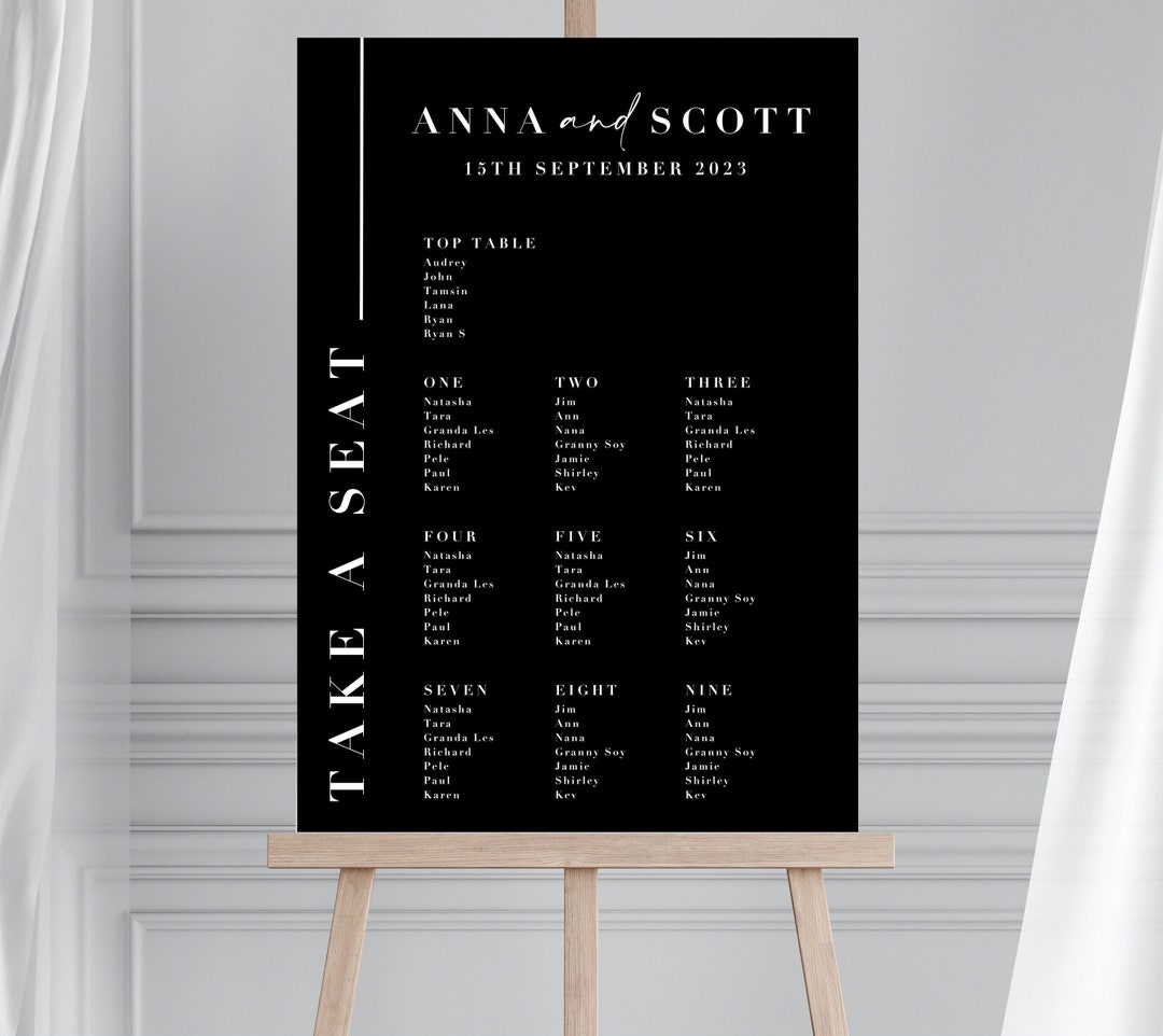 Minimalist Wedding Table Plan, Black and White Seating Chart, White ...