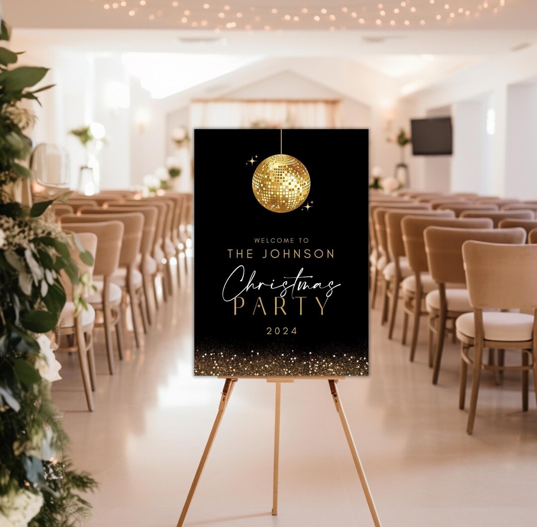 Black and Gold Christmas Party Welcome Sign, Elegant Black and Gold ...