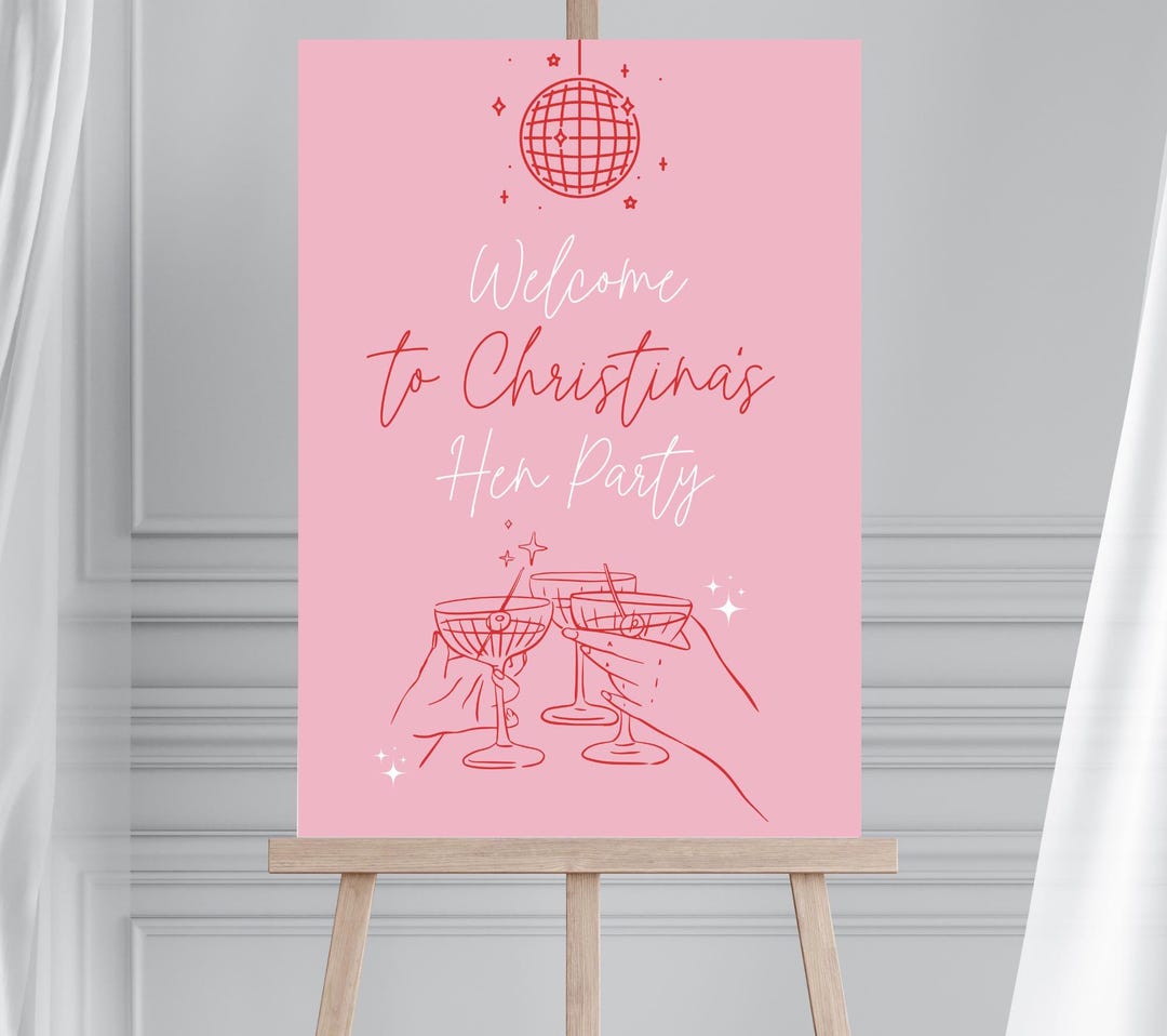 Pink Disco Ball Hen Party Welcome Sign, Modern Bachelorette Party Decor ...