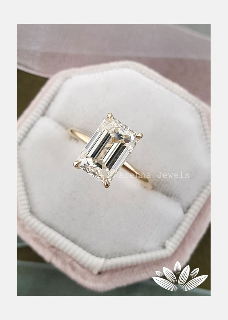 14K Emerald Cut Engagement Ring Hidden Halo Emerald Diamond - Etsy