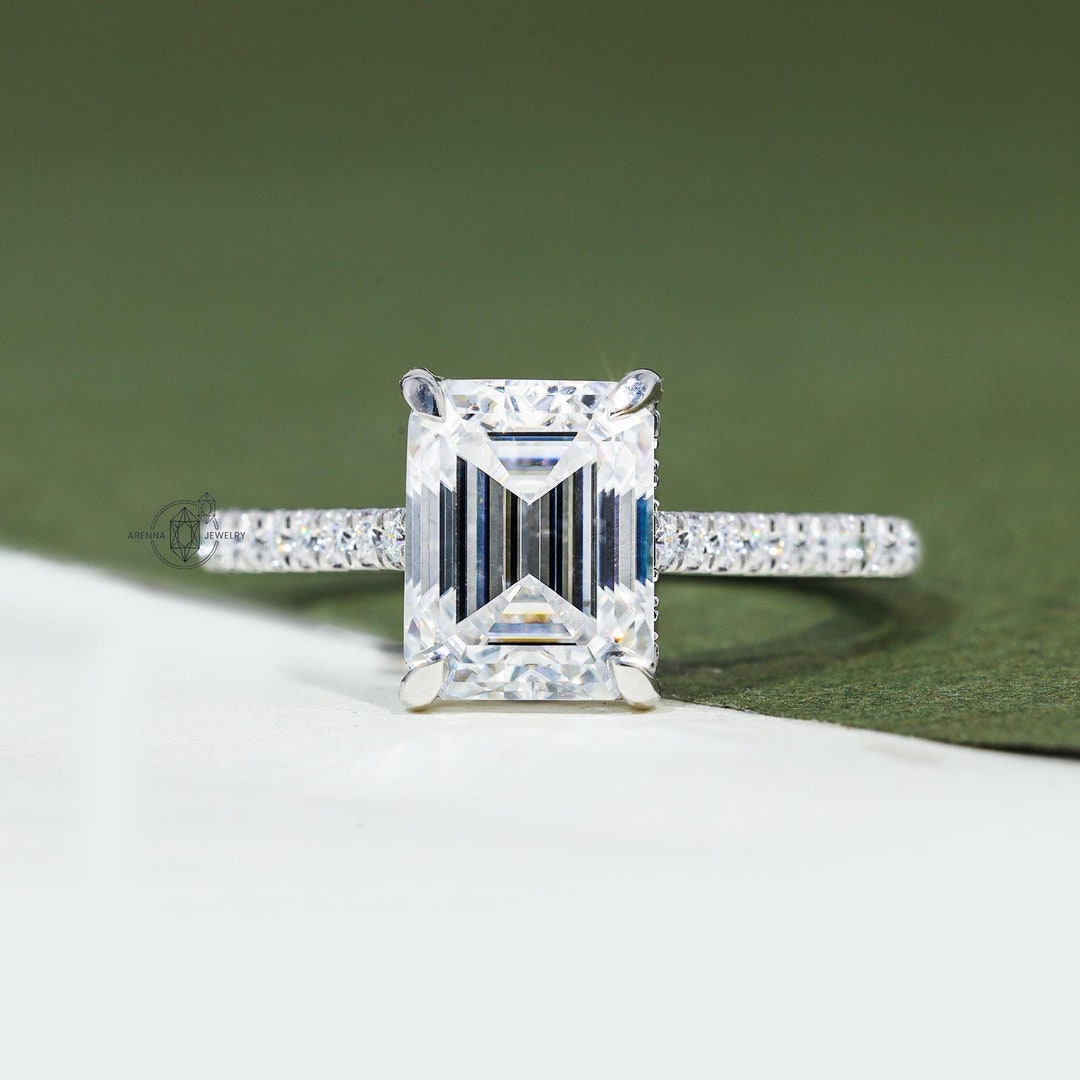 14K Solid Gold Ring Hidden Halo Wedding Ring Elongated Emerald Cut ...