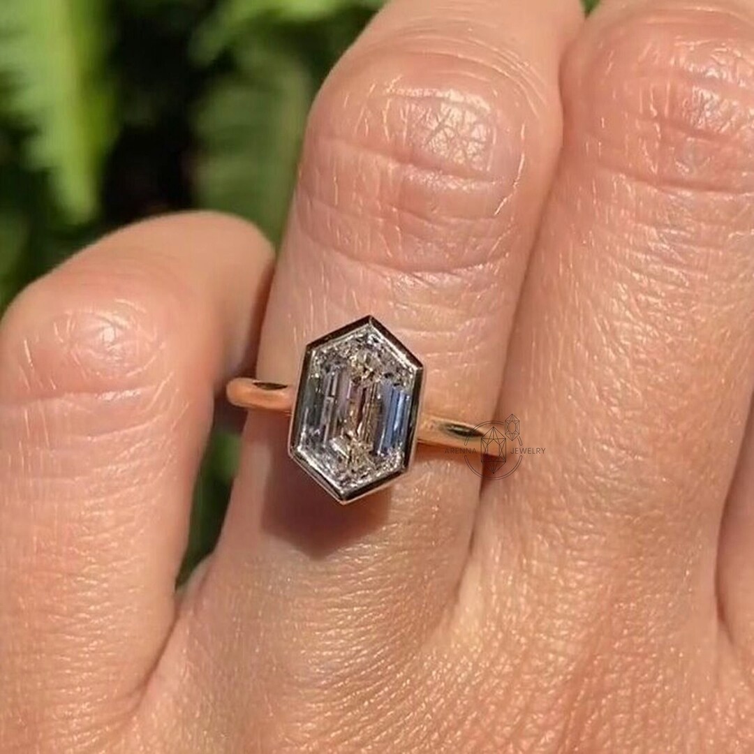 2 CT Elongated Hexagon Cut Bezel Set Moissanite Engagement Ring 14K ...
