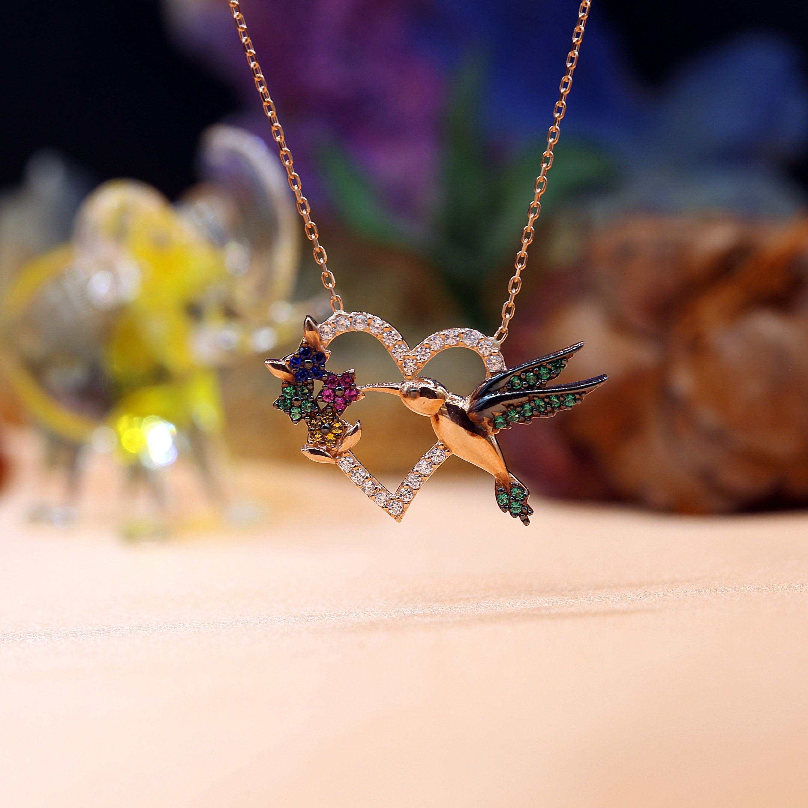 Bee Bird Necklace, Hummingbird Necklace, Colorful Zircon Stone 925 ...