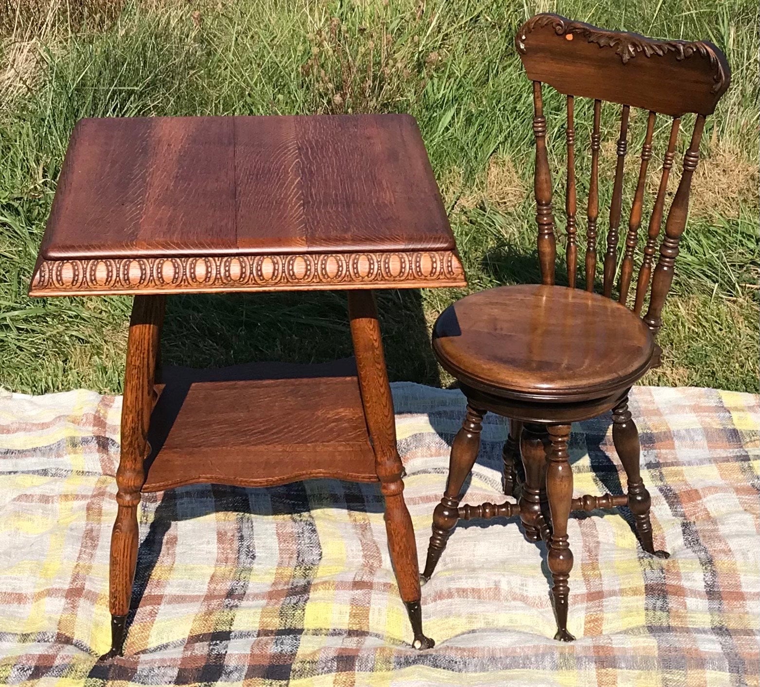 Antique Piano Chair & Tiger Oak Parlor Table and an Antique Wood Stool ...