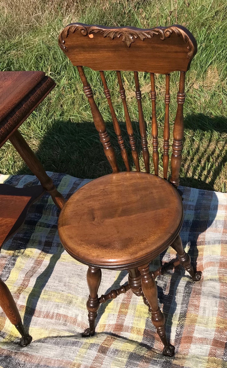 Antique Piano Chair & Tiger Oak Parlor Table and an Antique Wood Stool ...