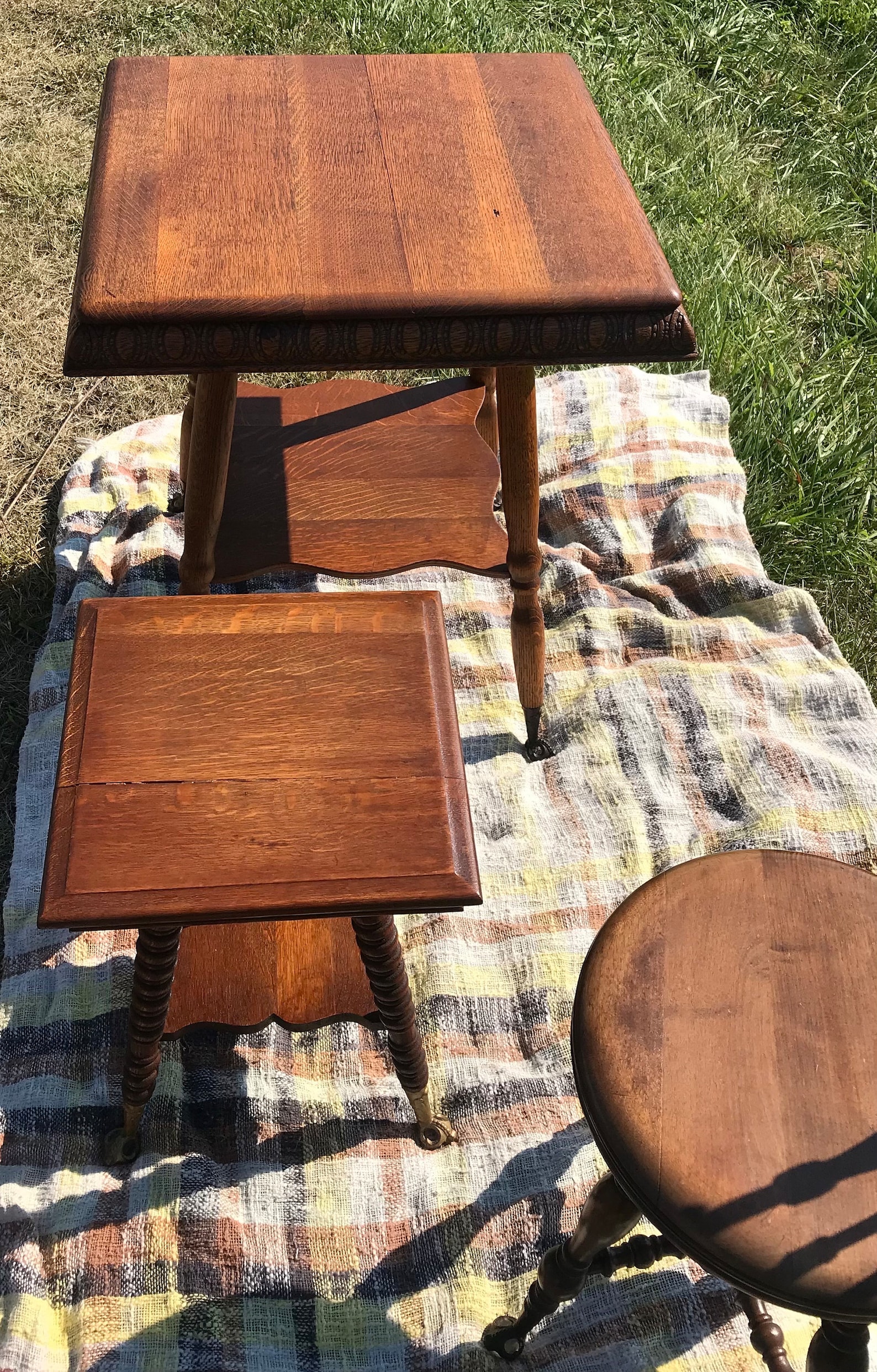Antique Piano Chair & Tiger Oak Parlor Table and an Antique Wood Stool ...