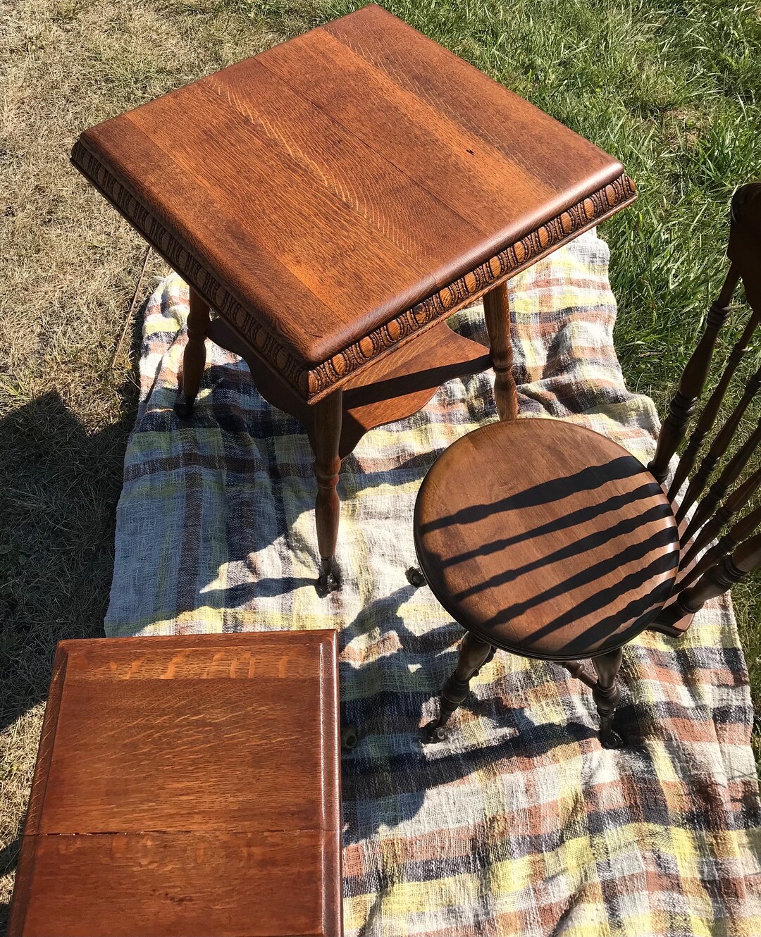 Antique Piano Chair & Tiger Oak Parlor Table and an Antique Wood Stool ...