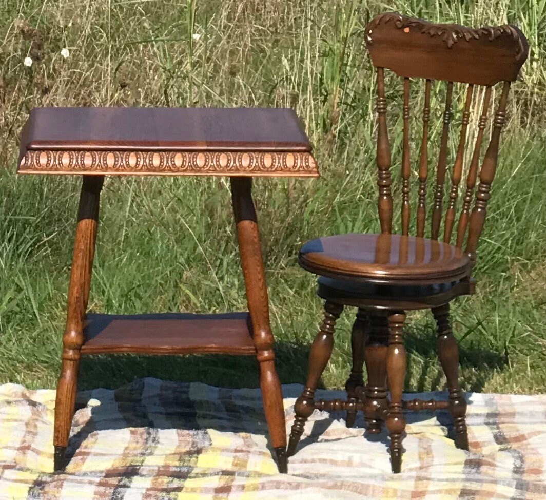Antique Piano Chair & Tiger Oak Parlor Table - Etsy