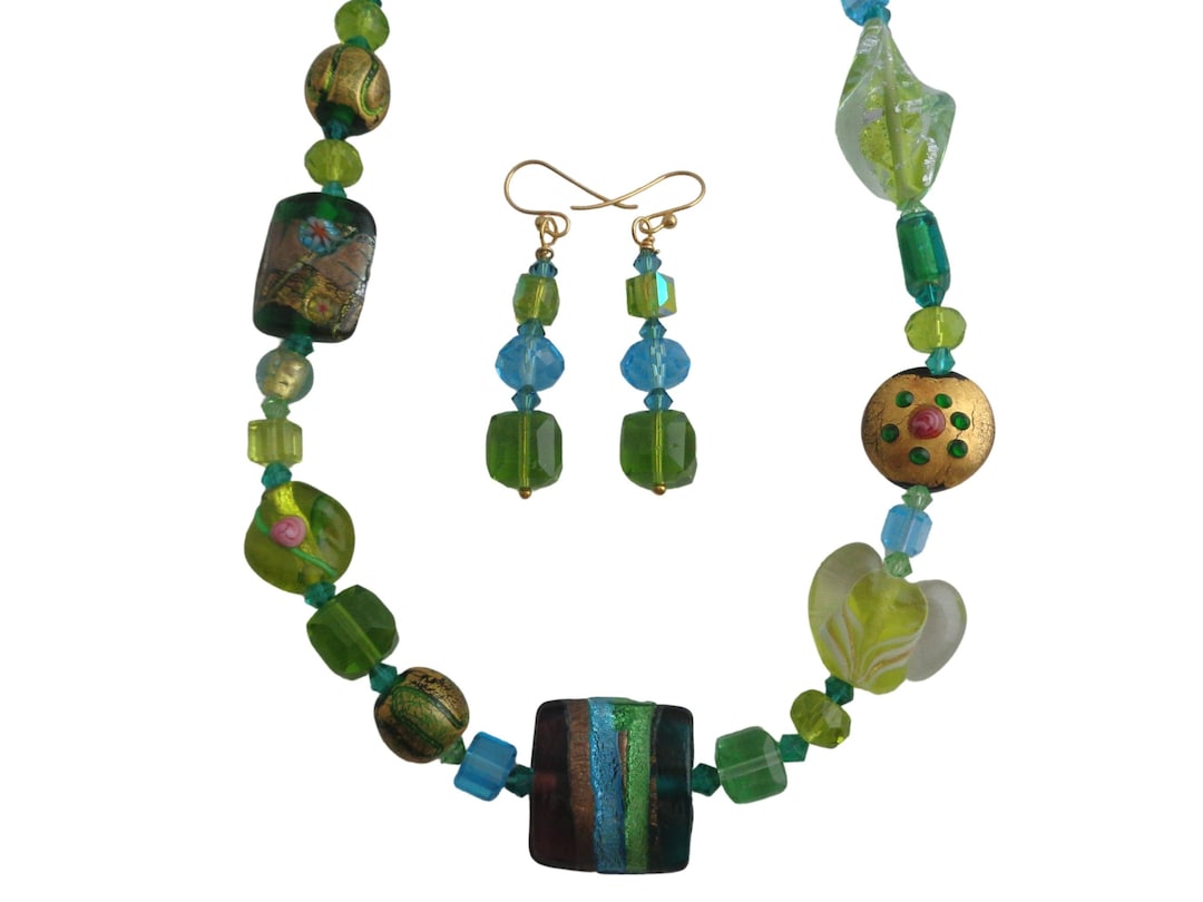 Glass Bead Jewelry Set - Murano Glass Necklace - Glass Bead Earrings ...