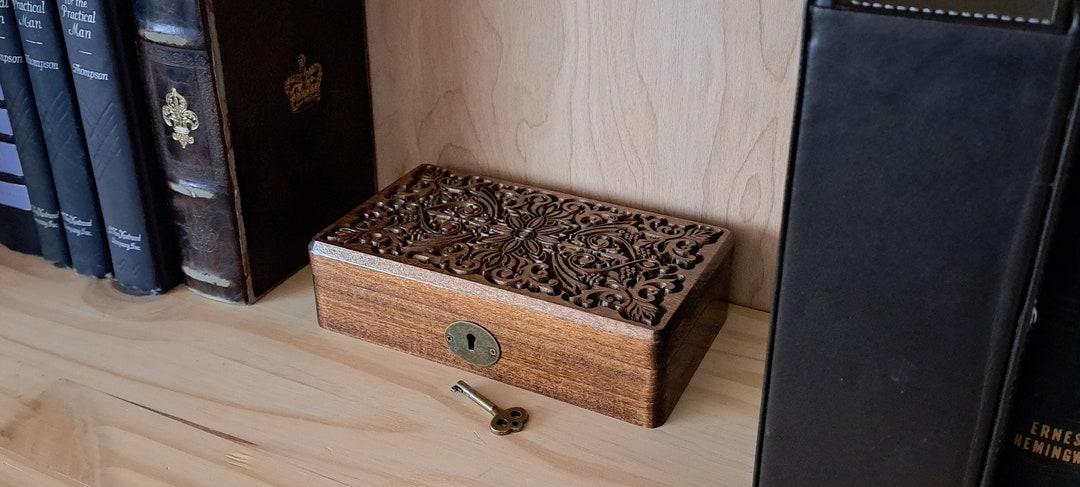 Decorative Carved Wood Locking Box With Key. Perfect for Jewerly ...