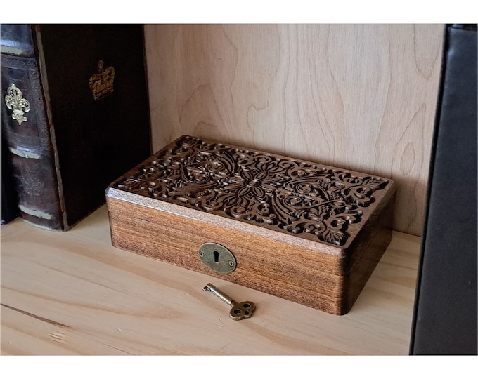 Decorative Carved Wood Locking Box With Key. Perfect for Jewerly ...