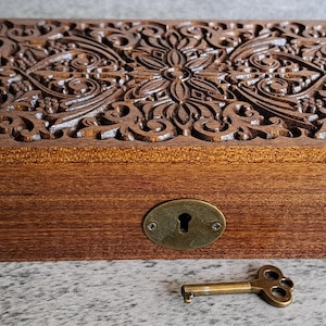 Decorative Carved Wood Locking Box With Key. Perfect for Jewerly ...