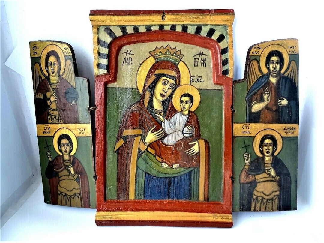 Authentic Antique Russian Orthodox Triptych Wooden Icon 18th Centuryrestored Triptych,virgin and ...