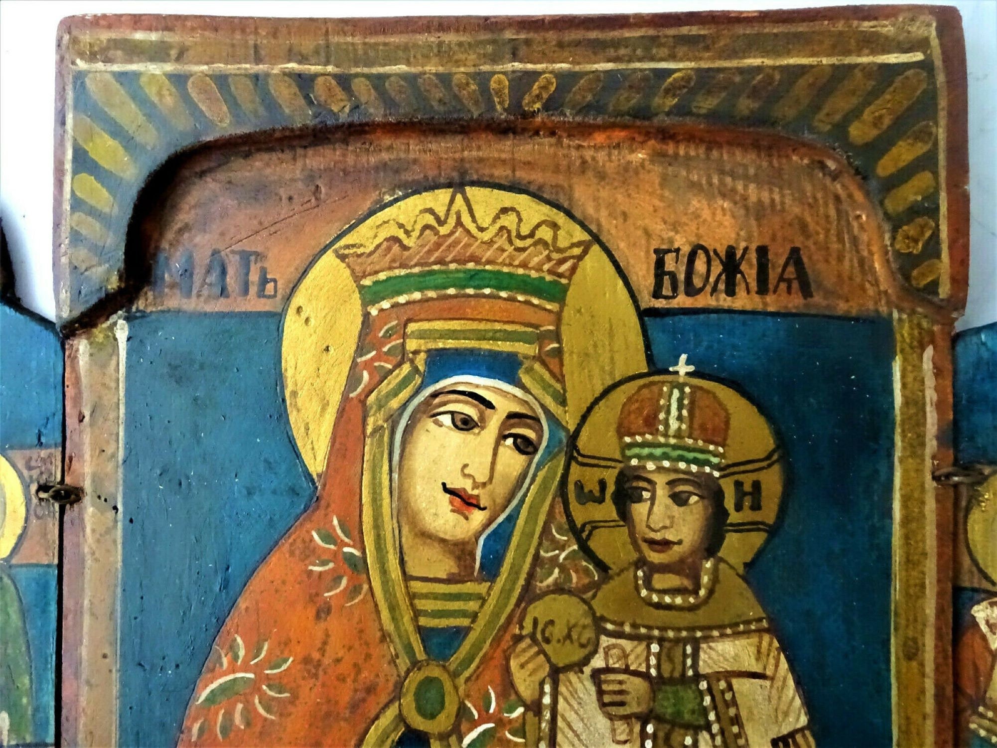 Authentic Antique Russian Orthodox Triptych Wooden Icon 18th Century,restored, Virgin and Child ...