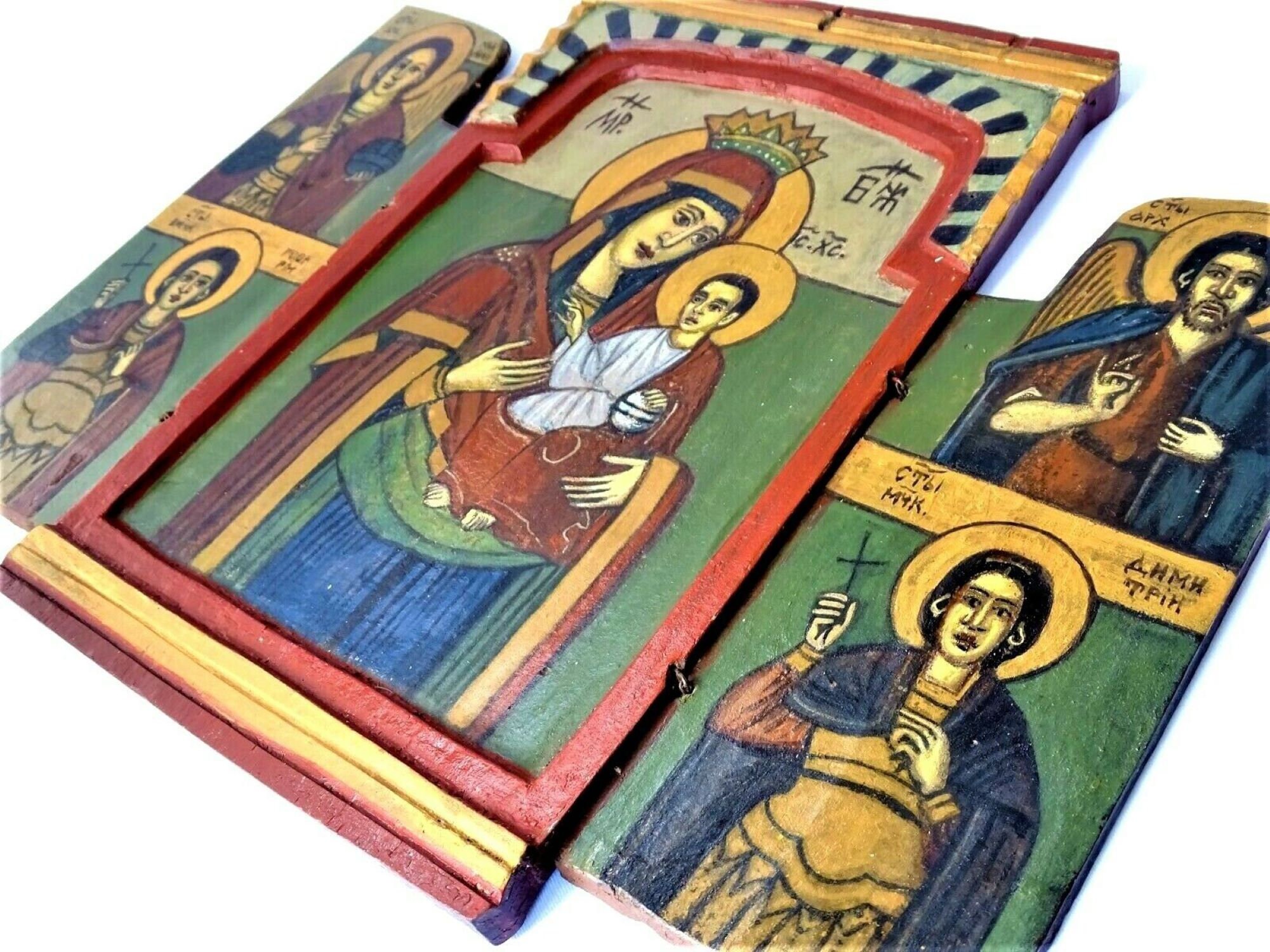 Authentic Antique Russian Orthodox Triptych Wooden Icon 18th Centuryrestored Triptych,virgin and ...