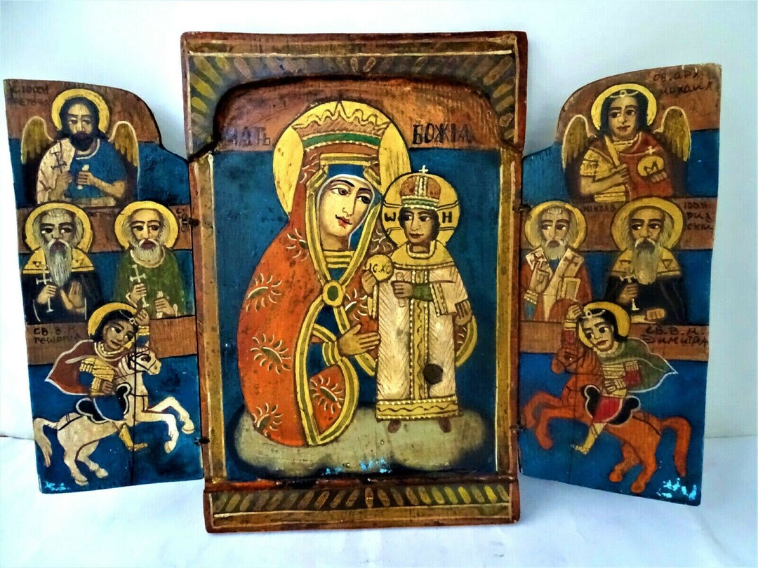 Authentic Antique Russian Orthodox Triptych Wooden Icon 18th Century,restored, Virgin and Child ...