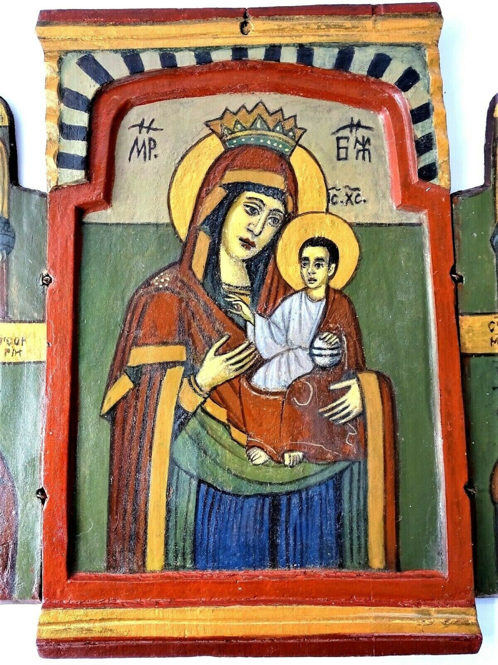 Authentic Antique Russian Orthodox Triptych Wooden Icon 18th Centuryrestored Triptych,virgin and ...